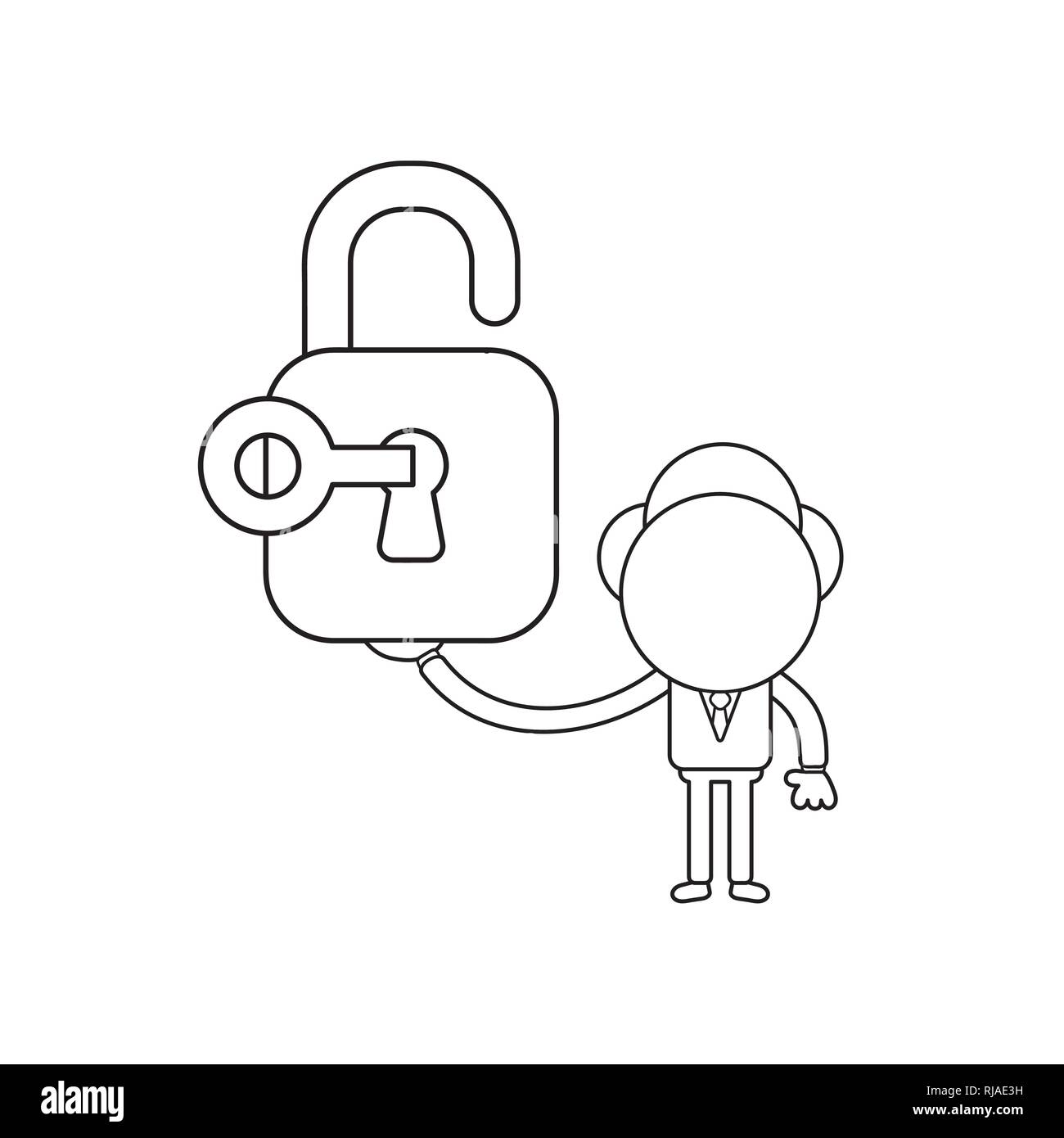 Vector illustration businessman character holding open padlock with key ...