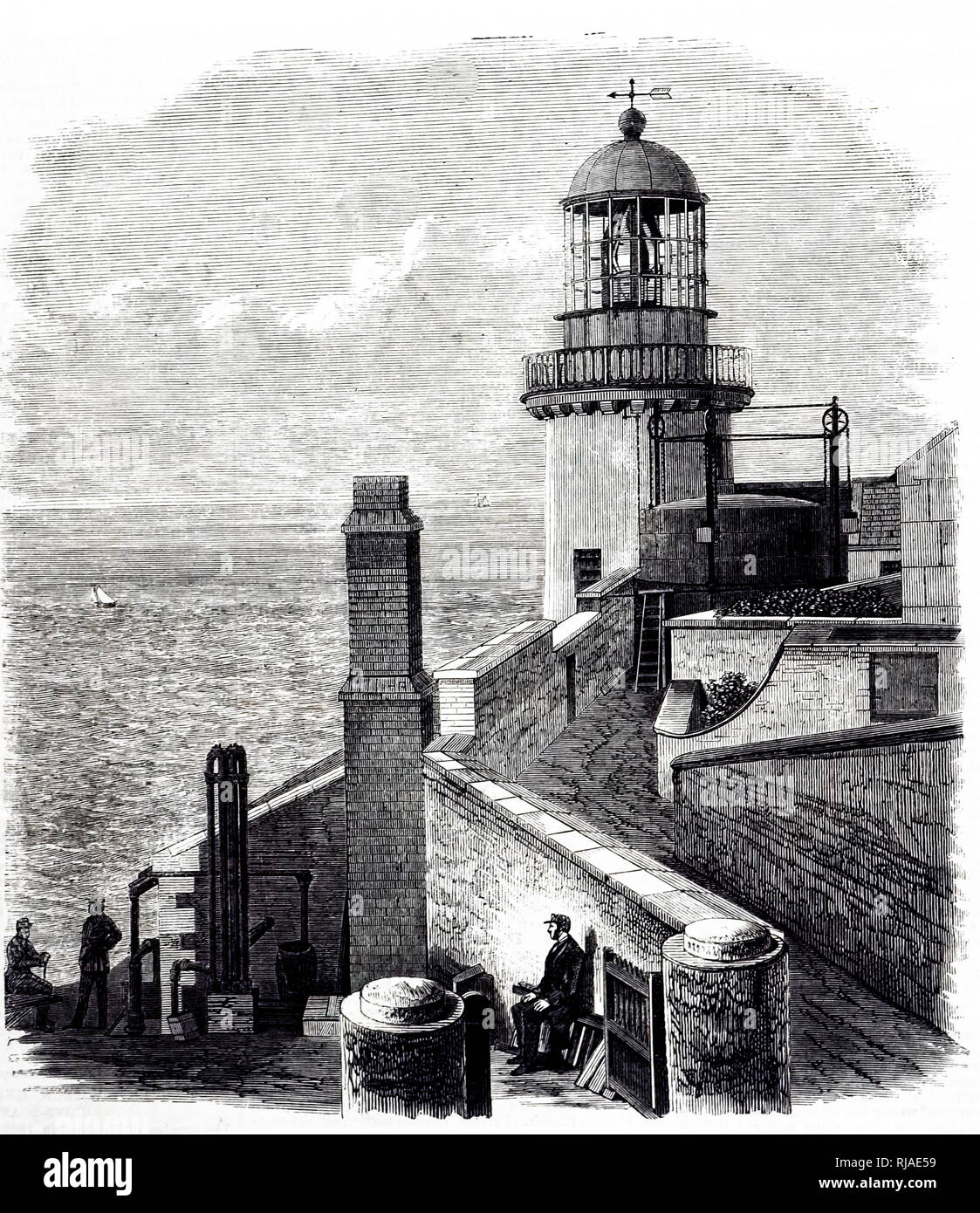 19th-century illustration showing Wicklow Head Lighthouse with its gas ...