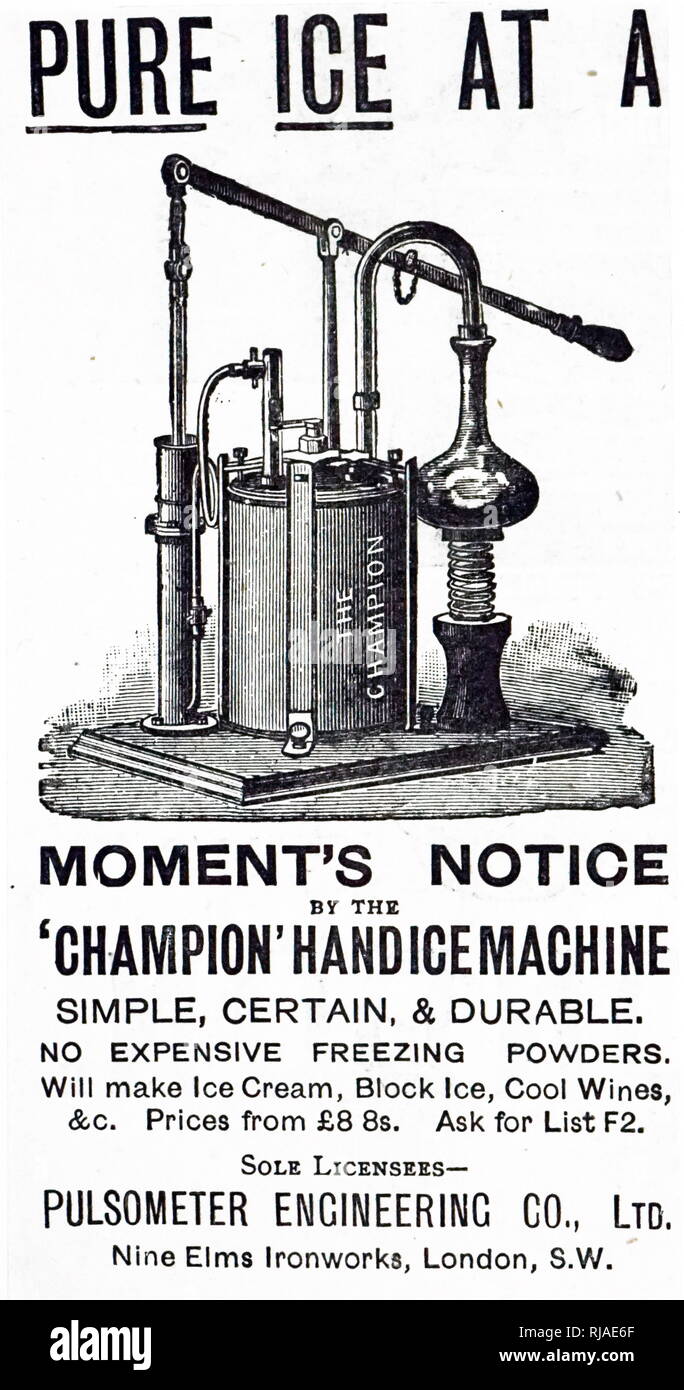 19th century illustration, showing an ice making machine; England; 1889 ...