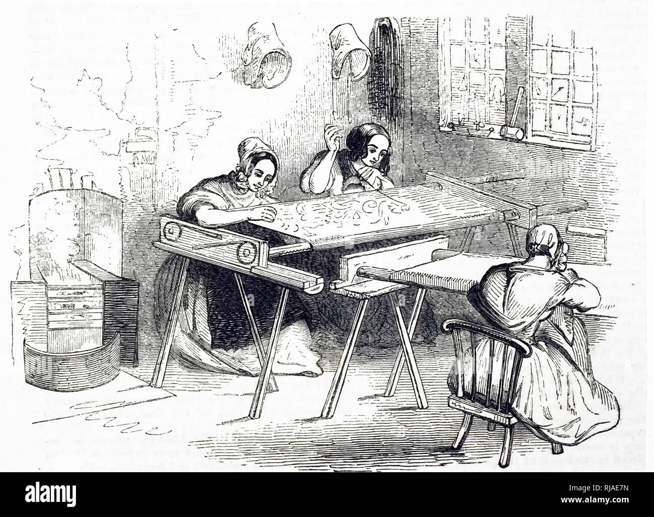 Illustration showing a Victorian, English, home worker with a sewing or ...