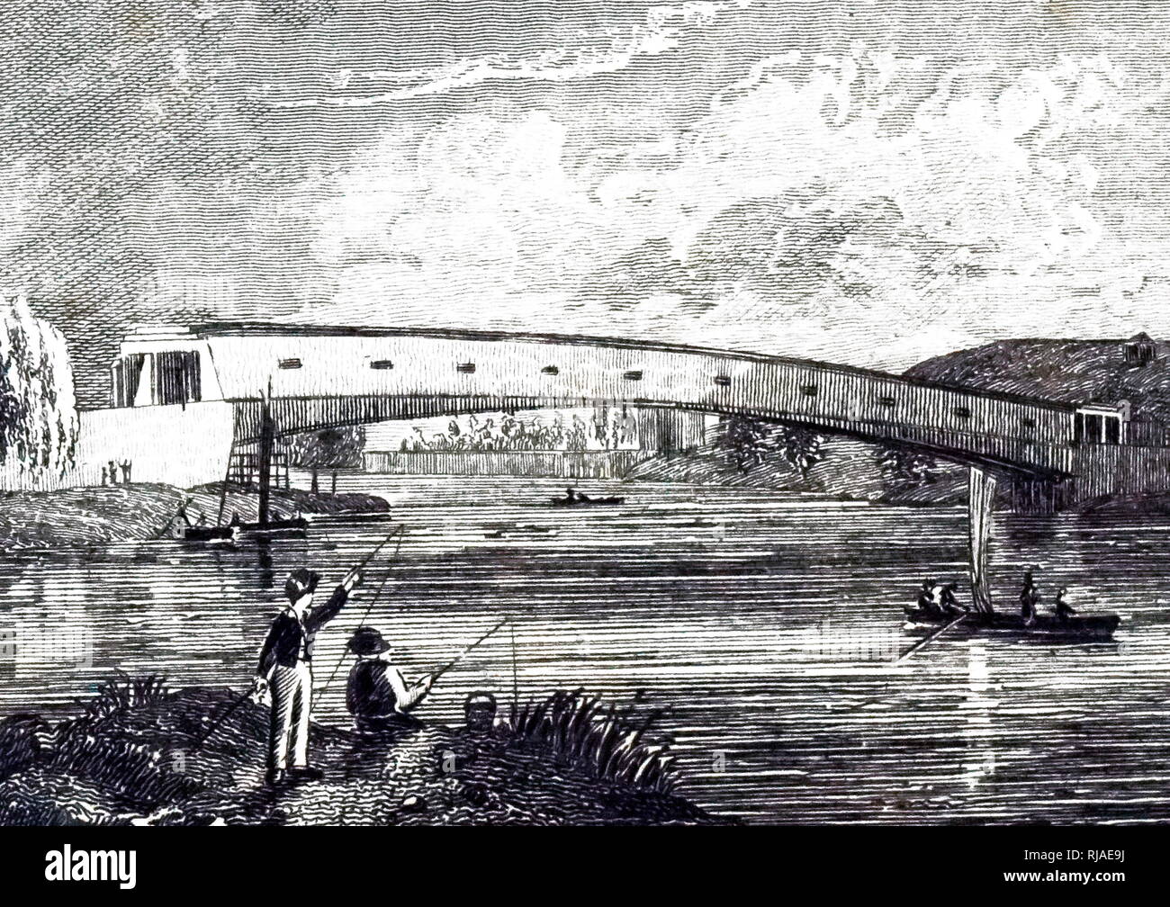 An engraving depicting the Upper Bridge in Philadelphia. Dated 19th ...