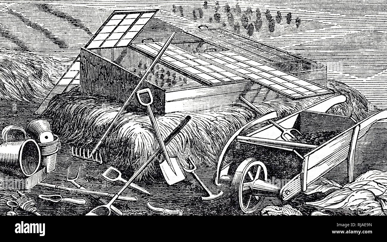 An engraving depicting garden tools and a hotbed frame. The frame is ...