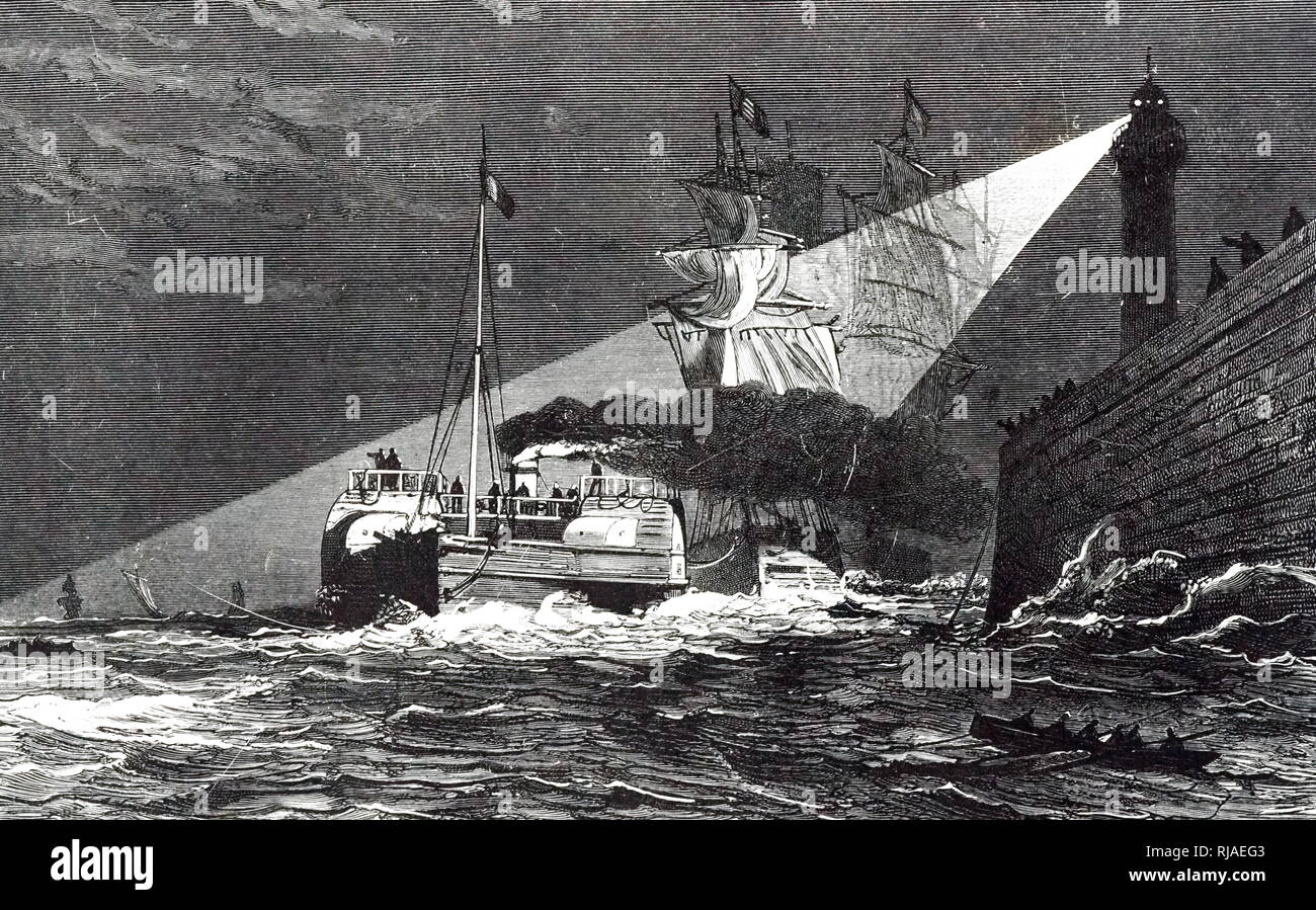 An engraving depicting a tug towing a ship into the harbour at night ...