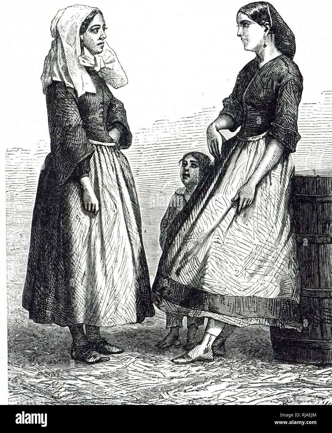 An engraving depicting Cornish women ore dressers. Dated 19th century ...