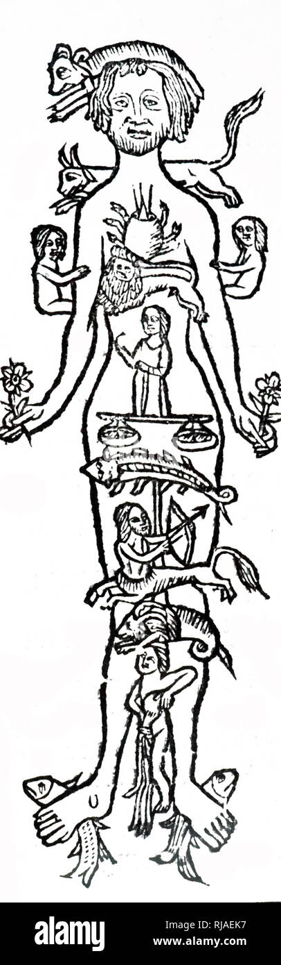 A woodcut engraving depicting a blood-letting man, showing points of ...