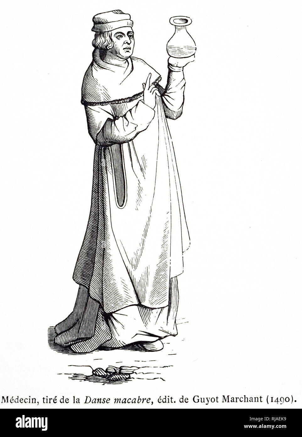 A woodcut engraving depicting a physician examining a urine sample ...