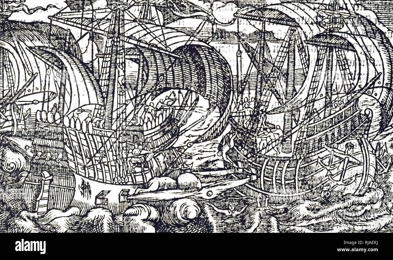 A woodcut engraving depicting galleons exchanging broadsides - note the ...