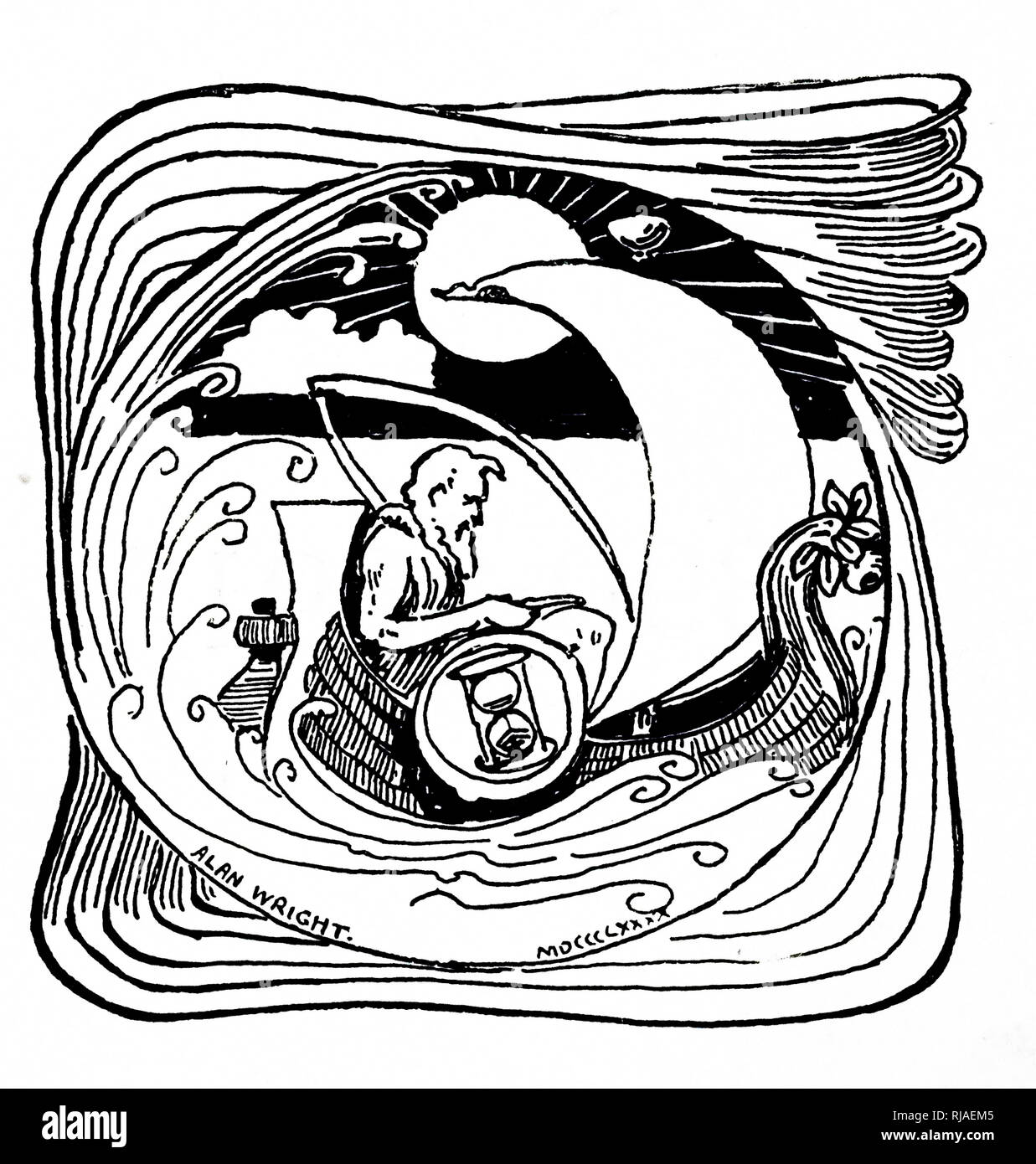 An engraving depicting Old Father Time with his scythe and hourglass ...