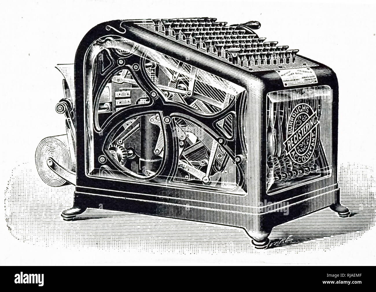 An engraving depicting a Burroughs adding machine which printed on a ...