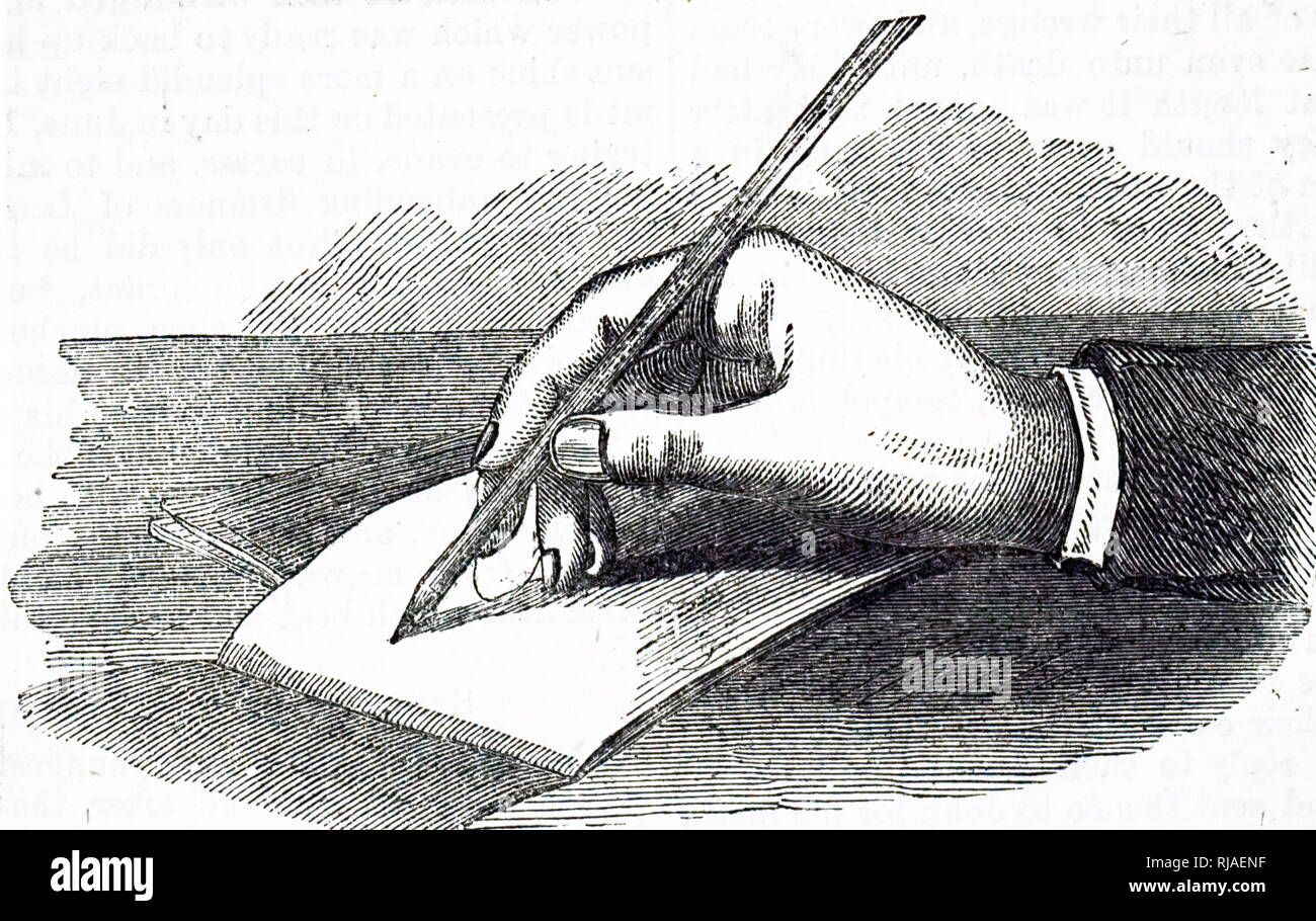 An engraving depicting the method of holding the pen when writing ...