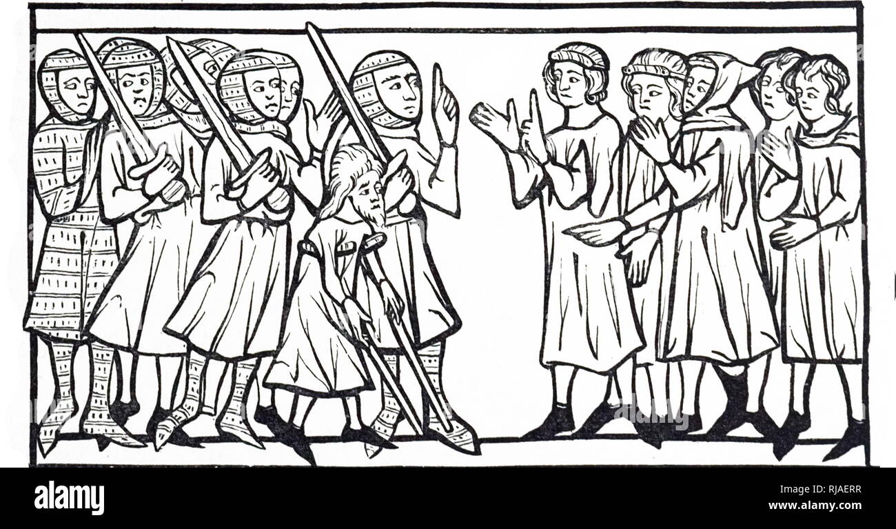 A woodcut engraving depicting envoys of a Sultan, with an old merchant ...