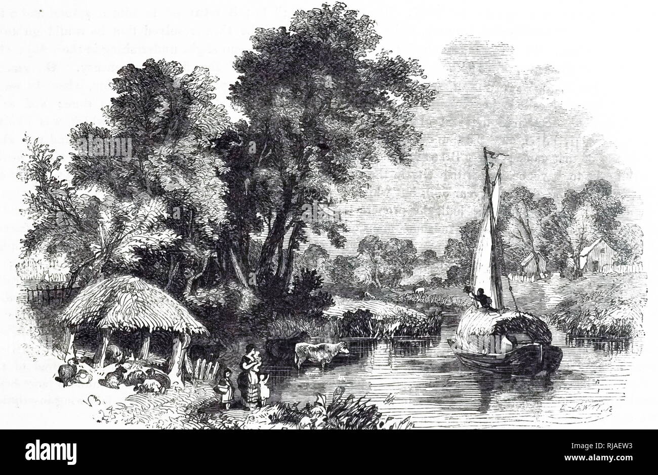 An engraving depicting a scene on the River Bure showing a hay barge ...