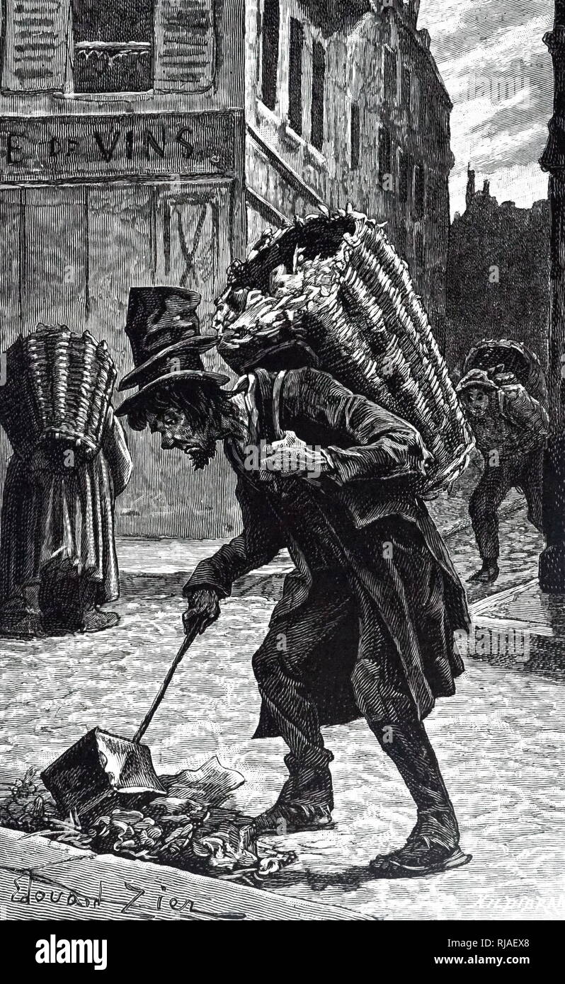 An engraving depicting a rag collector picking through piles of rubbish ...