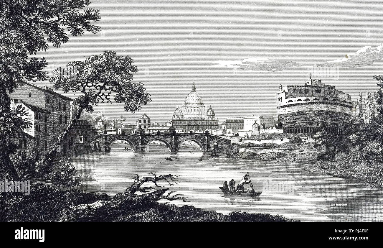 An engraving depicting a view of the Tiber river in Rome. Dated 19th ...