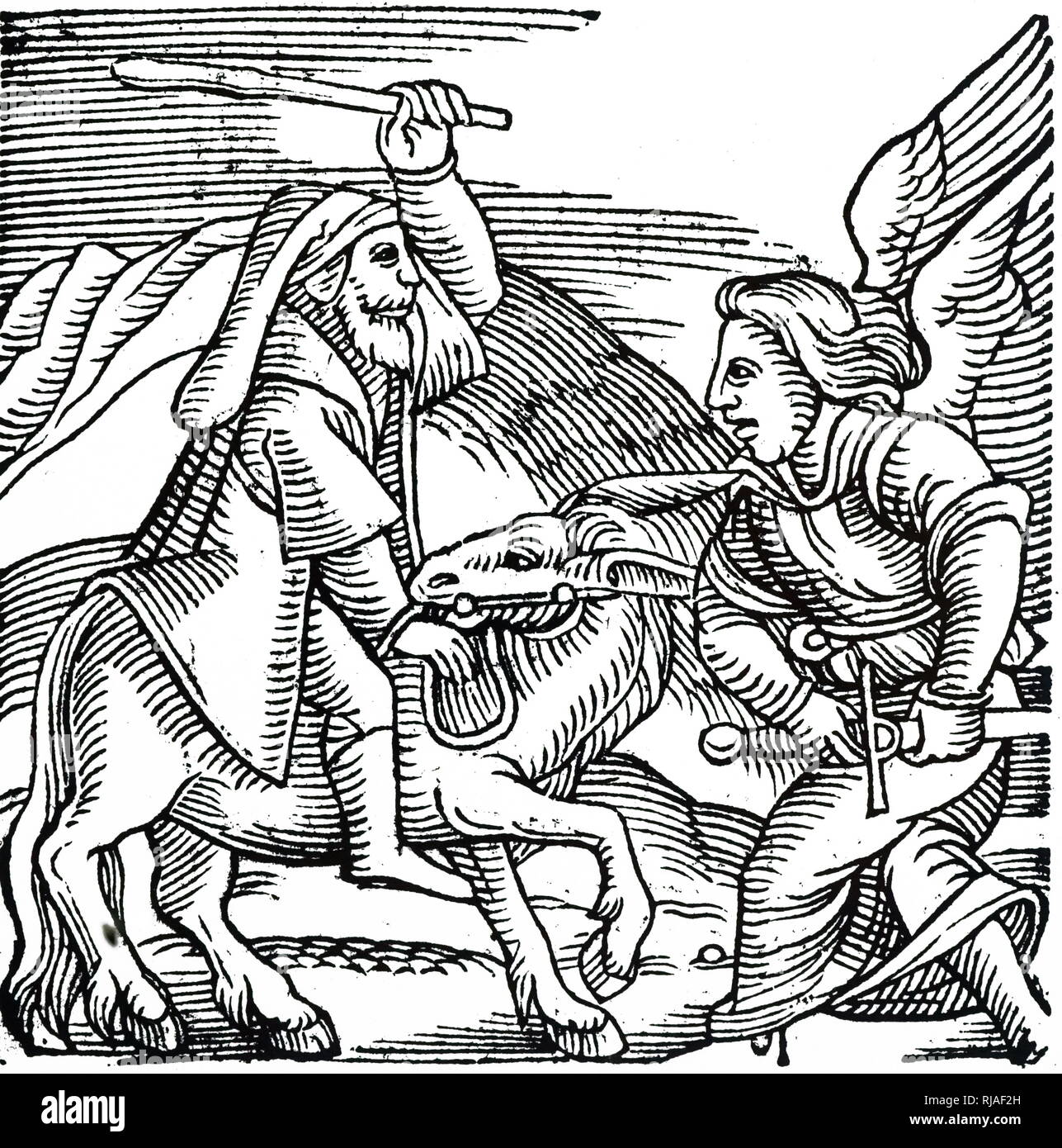 A woodcut engraving depicting Balaam and the Angel. Balaam, an Old ...