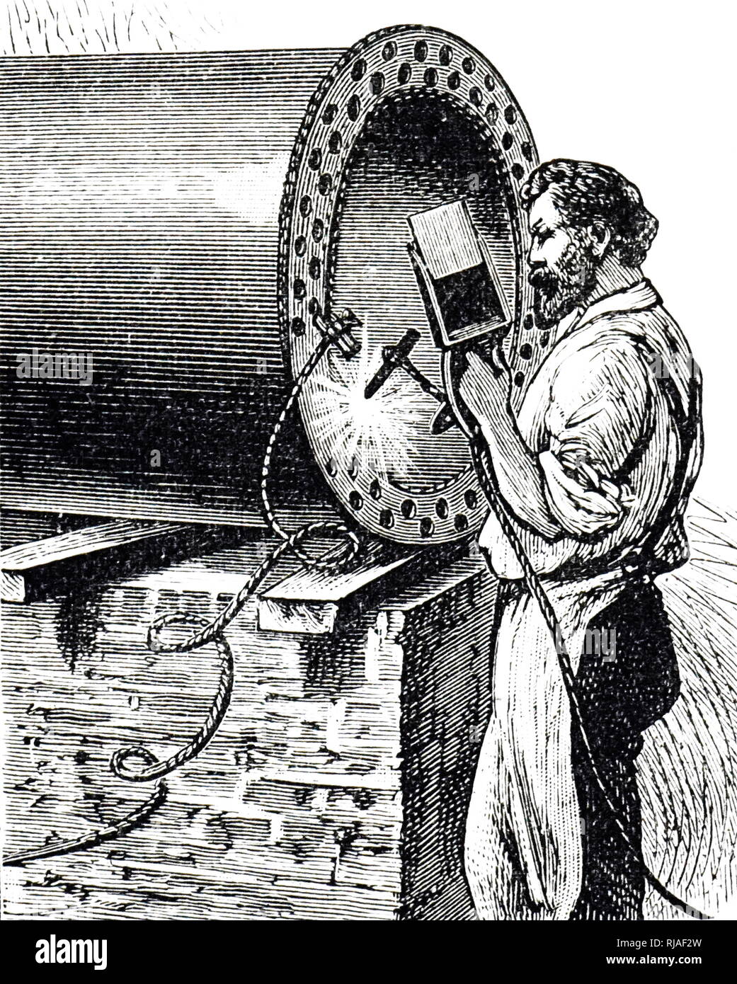 An engraving depicting the arc welding using an apparatus invented by ...