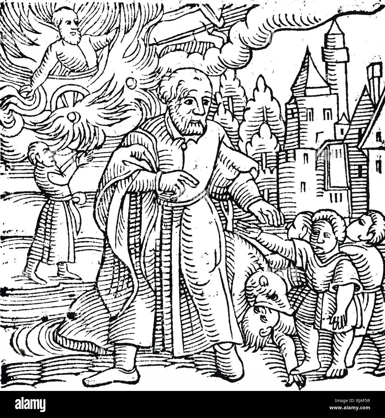 A woodcut engraving depicting Elisha watching Elijah being taken up to ...