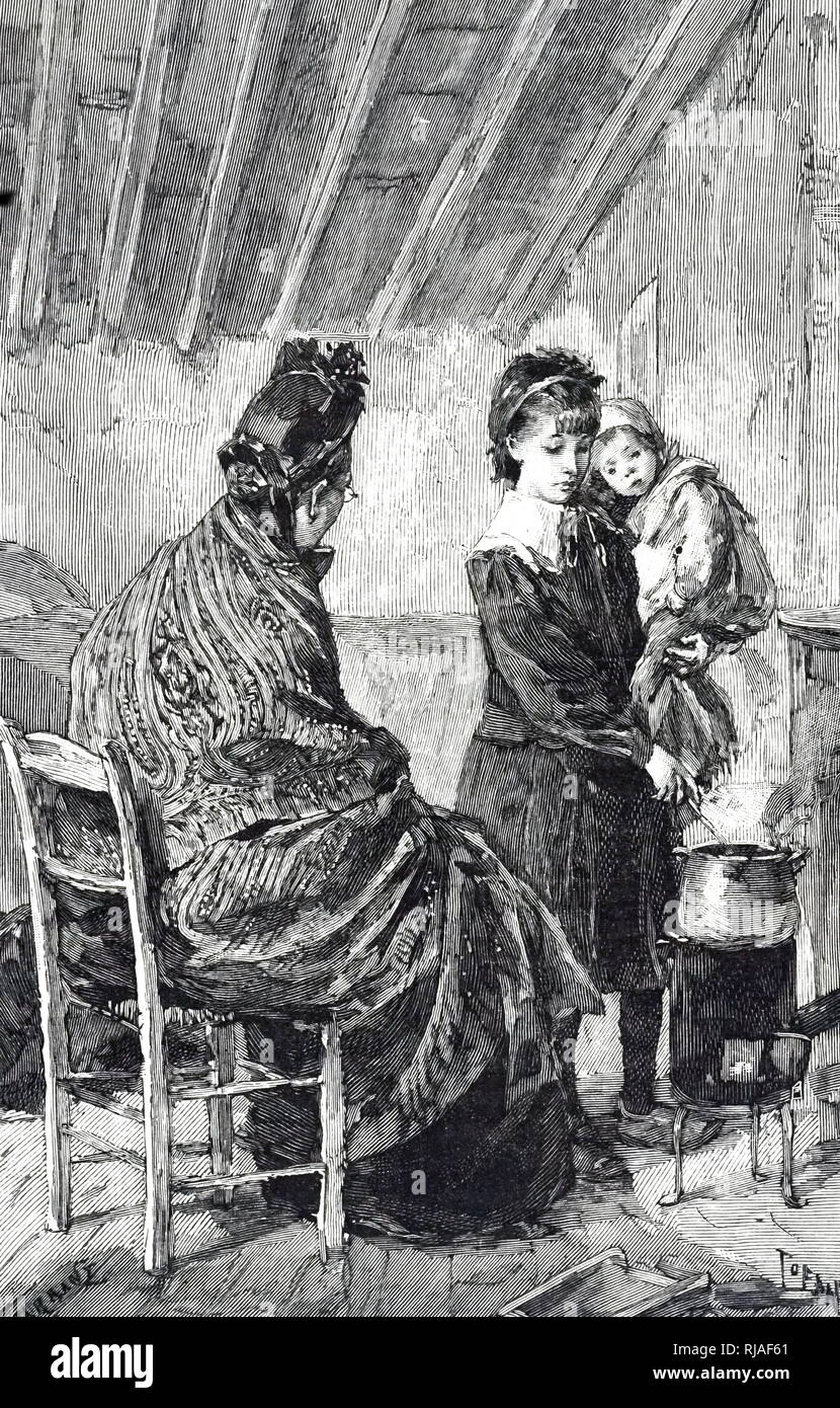 An engraving depicting a young girl cooking in a garret a top-floor or ...