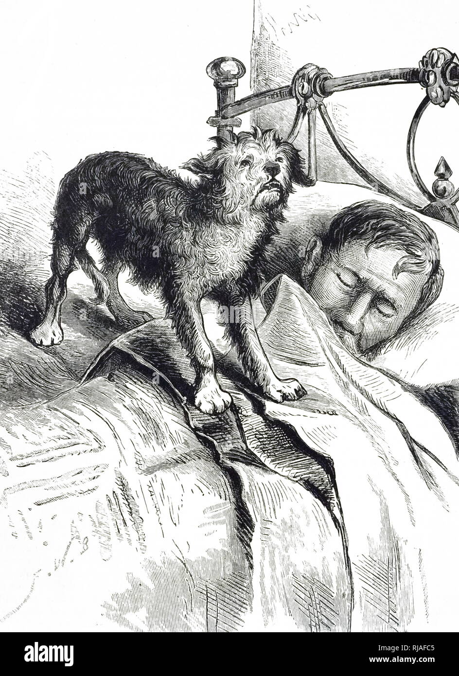 An engraving depicting a dog howling to wake his master because a fire ...