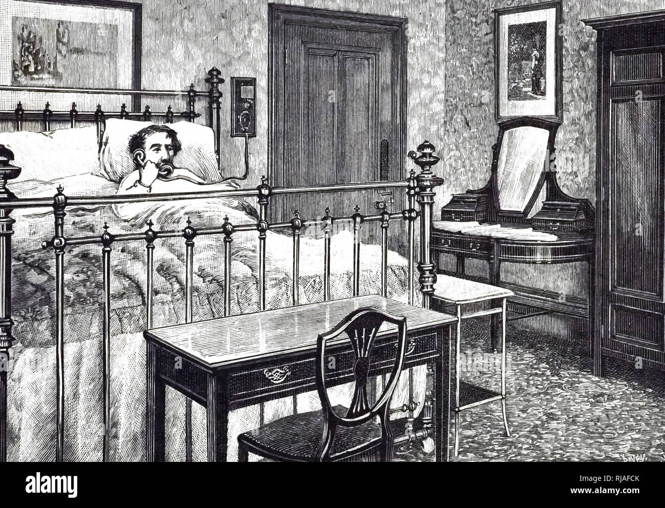 An engraving depicting a hotel bedroom fitted with a telephone. Dated ...