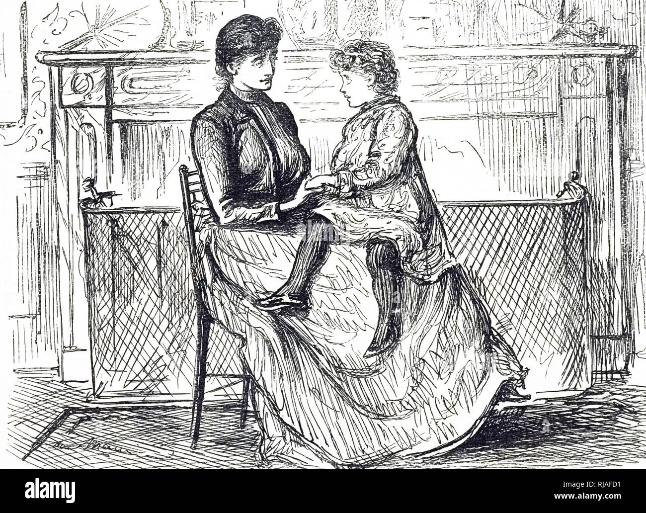 An Engraving Depicting A Mother And Daughter Sitting Beside The