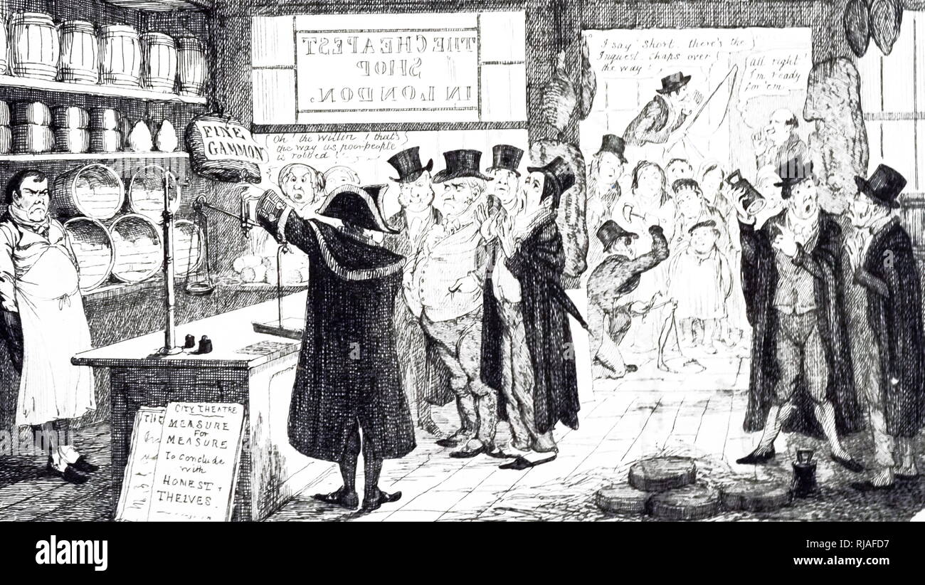 A cartoon commenting on the Wardmote Inquest - checking a grocer's ...