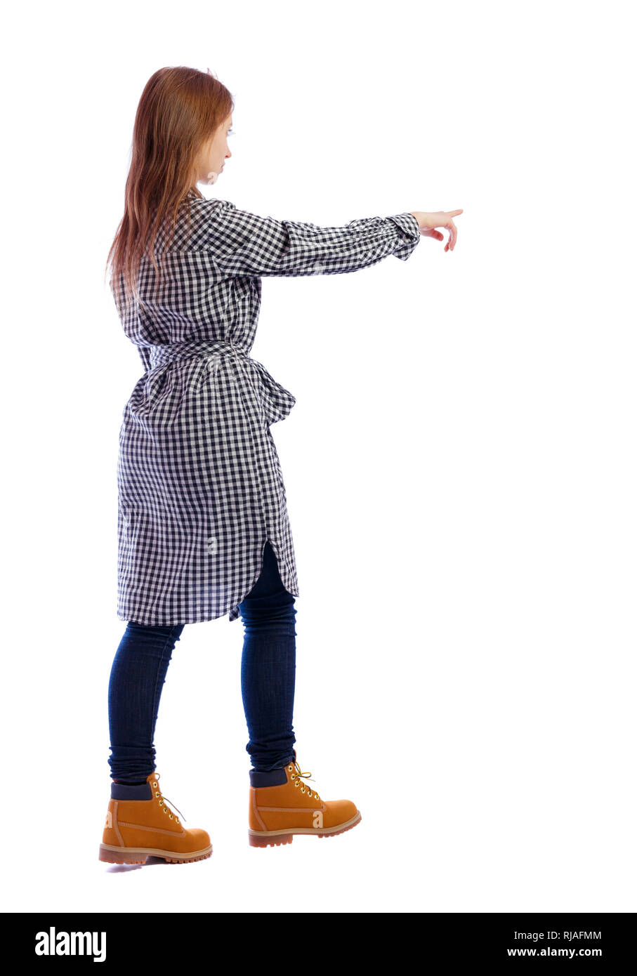 Side view of a girl walking with a pointing hand. going girl showing ...