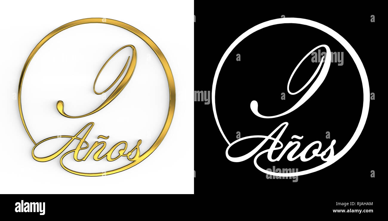 Spanish number nine years (number 9 years) in a circle, top view, with ...