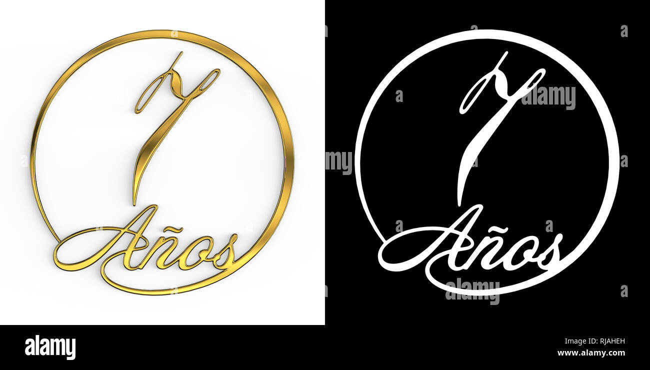 Spanish number seven years (number 7 years) in a circle, top view, with ...