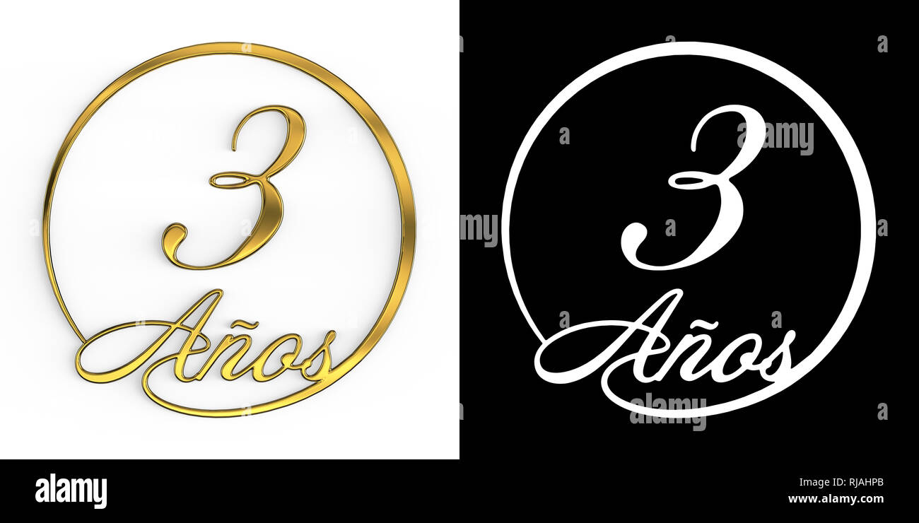 Spanish number three years (number 3 years) in a circle, top view, with ...