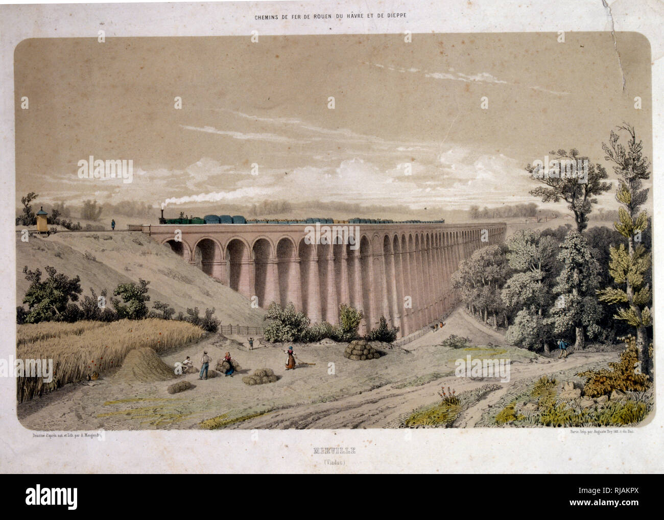 French railway illustration showing a viaduct with a steam train ...