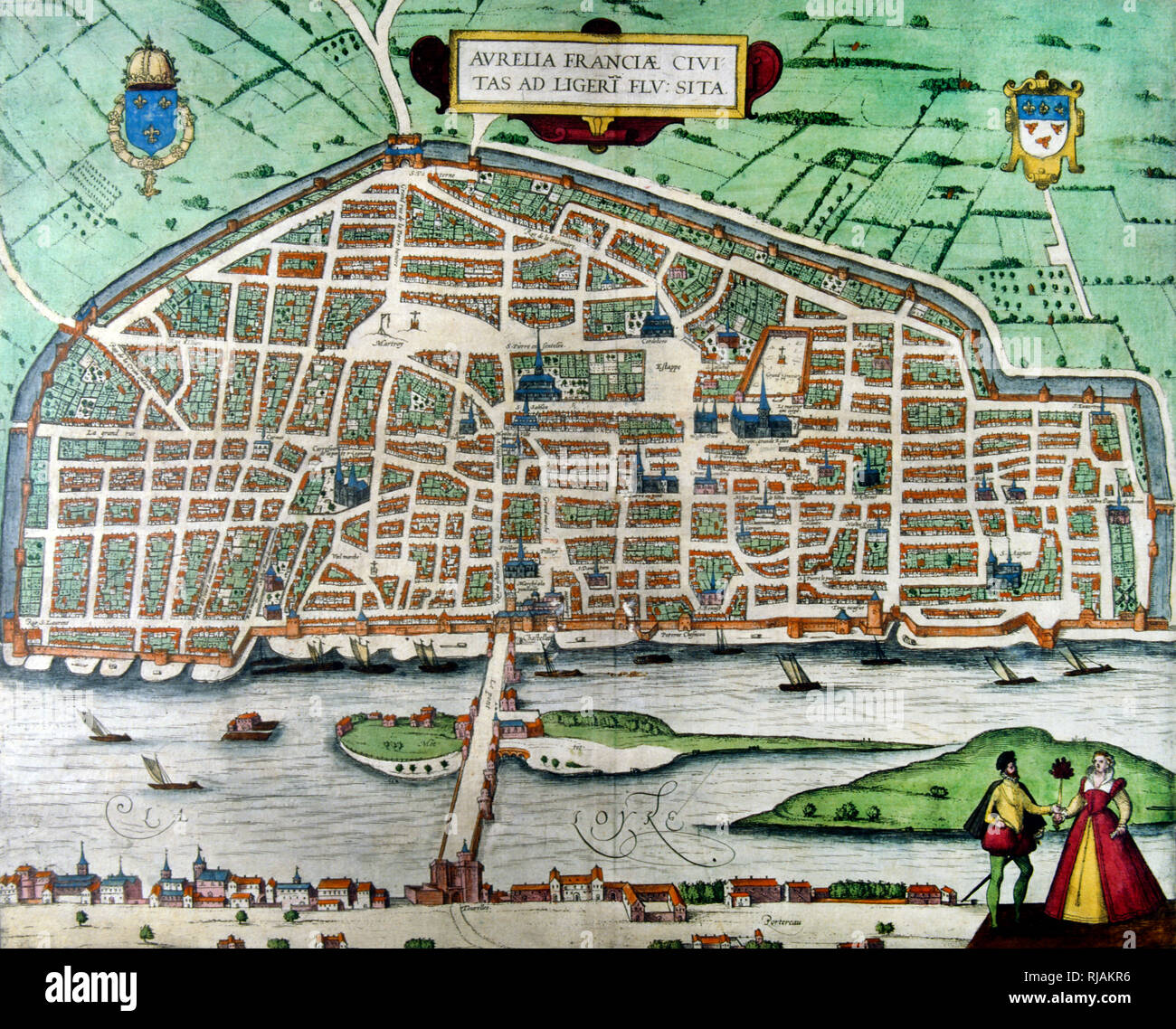 16th century plan of the city of Orleans in France. The city walls are ...