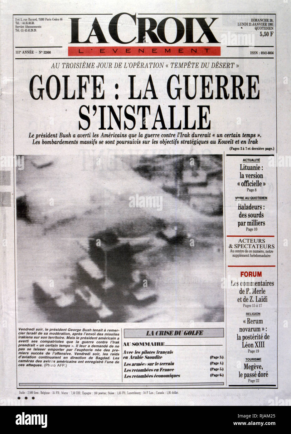 Headline in 'La Croix' a French newspaper, 21st January 1991 ...