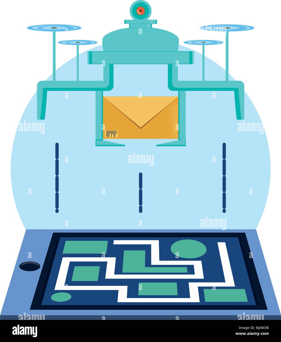 drone flying with envelope and paper map vector illustration design ...