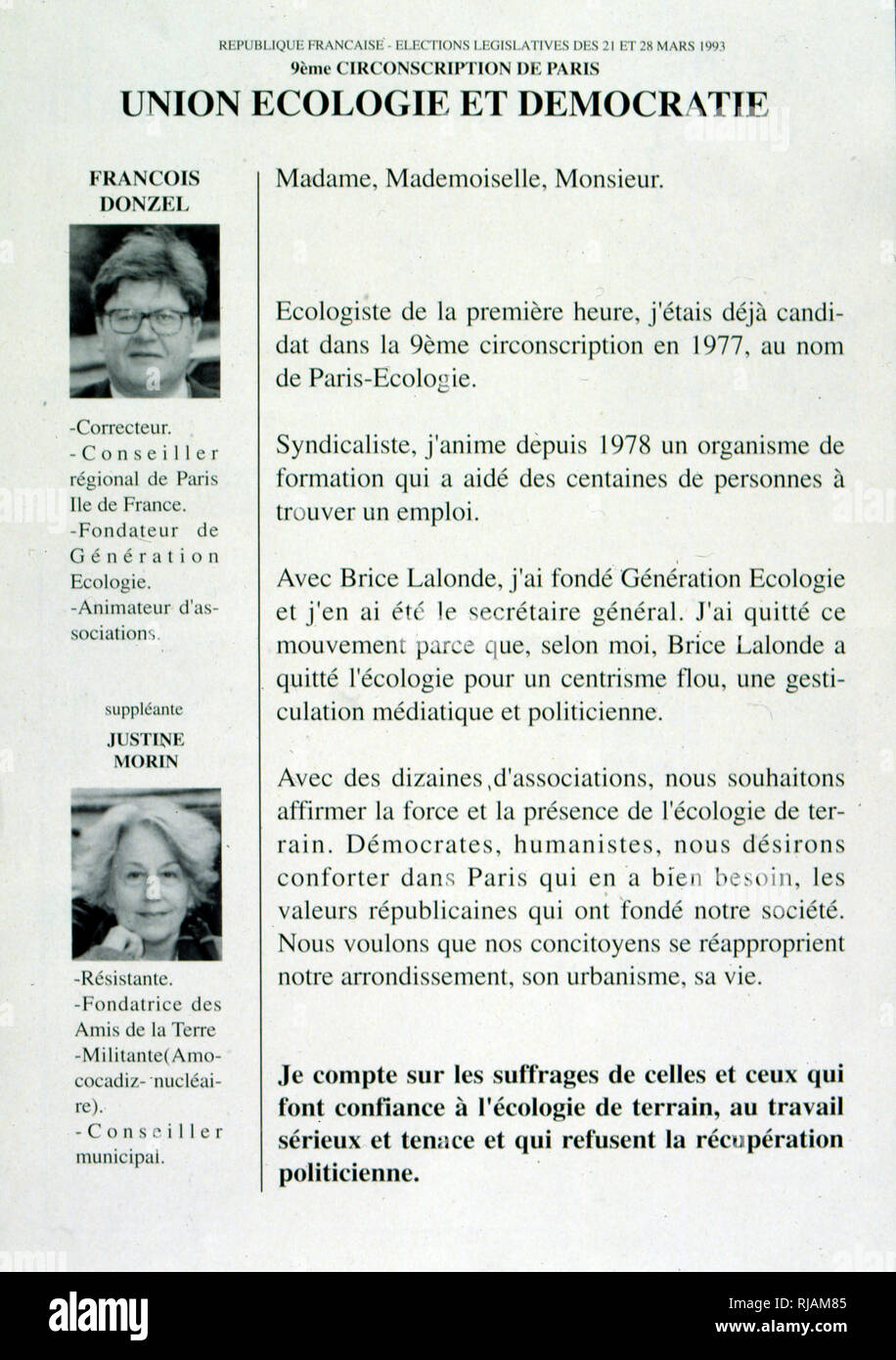 Election poster for the Ecology party, France 1993 Stock Photo - Alamy
