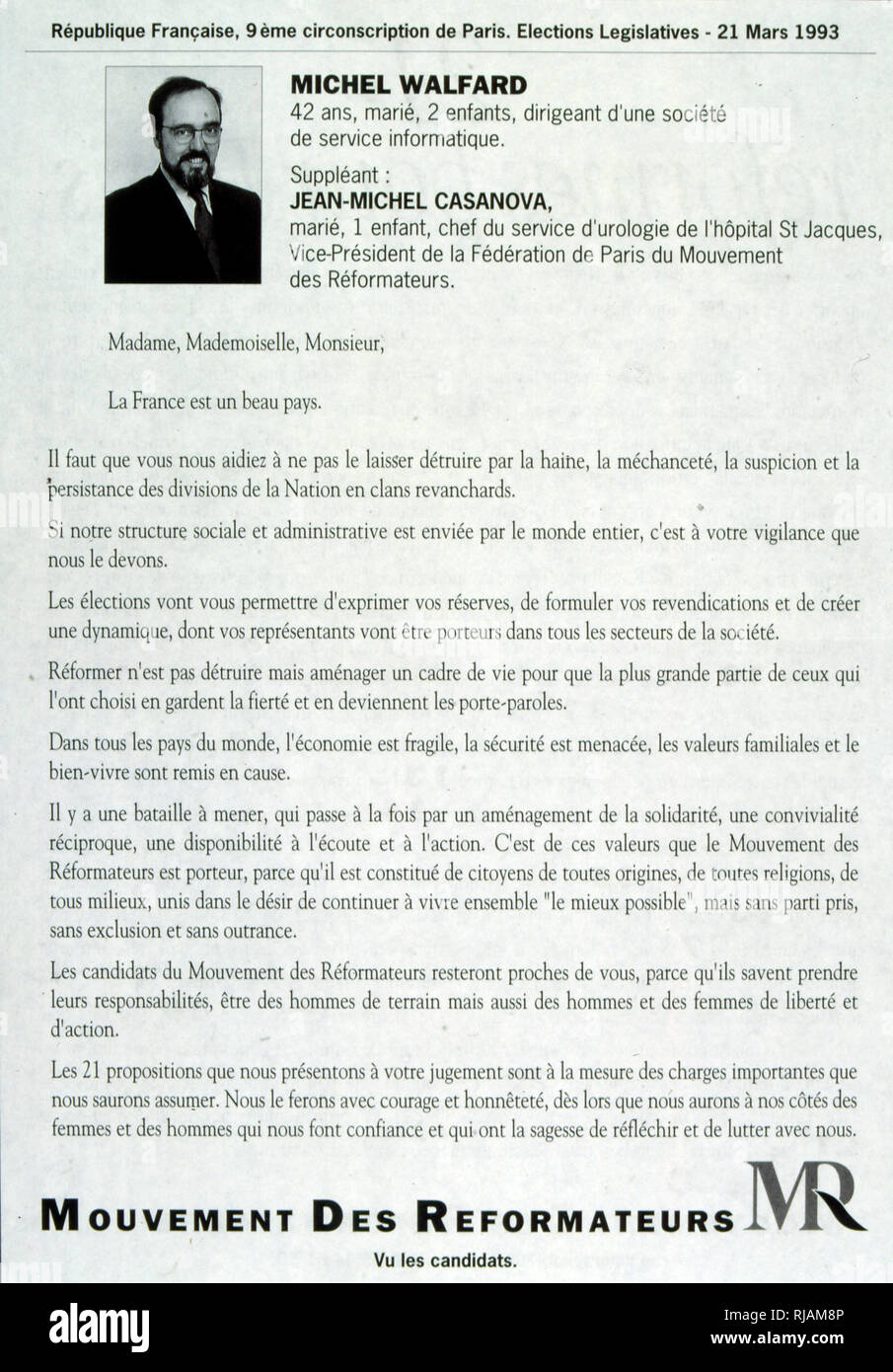 Reform Party election poster for French National Assembly 1993 Stock ...