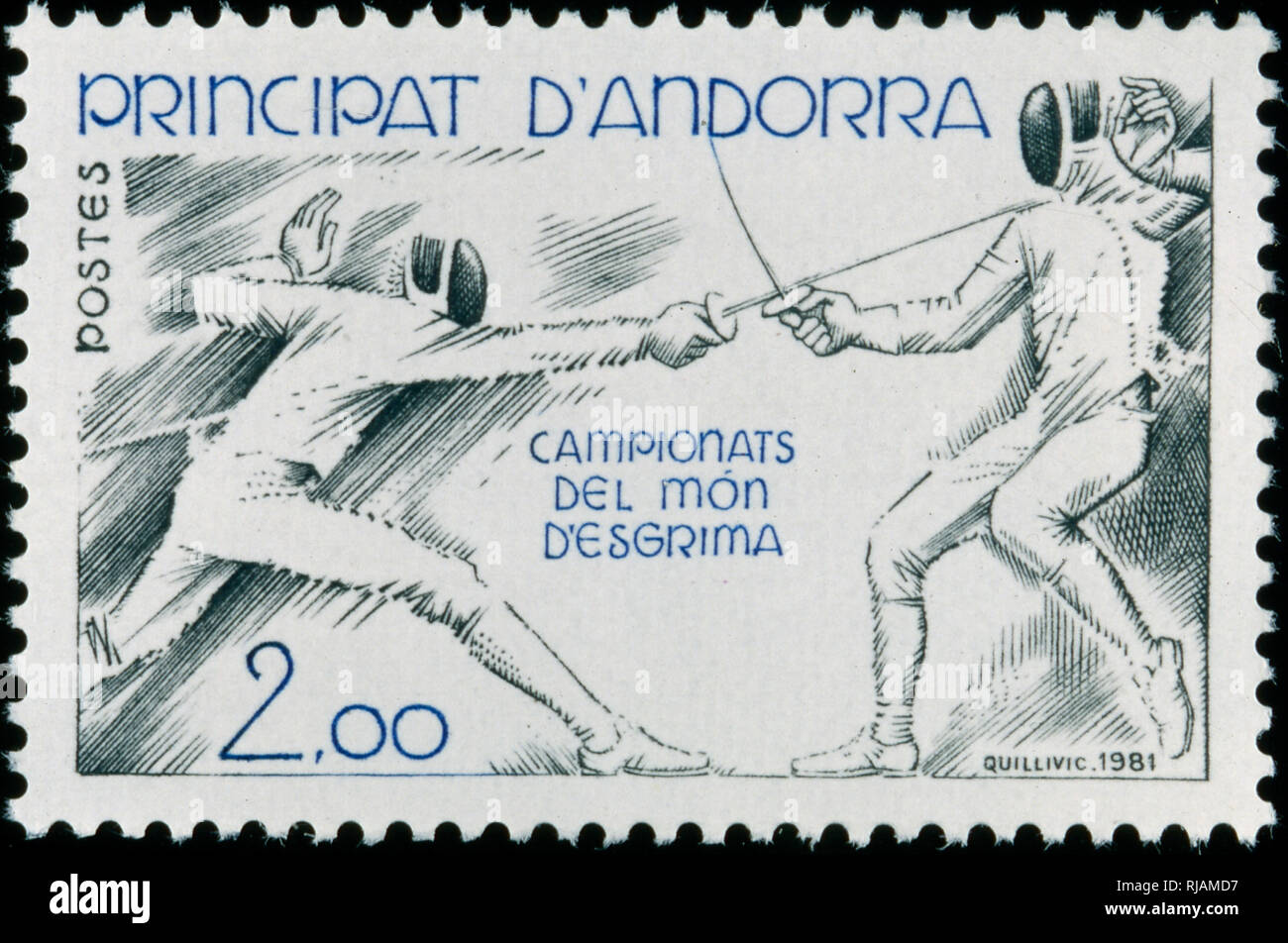Andoran postage stamp commemorating the world fencing championship 1982 ...