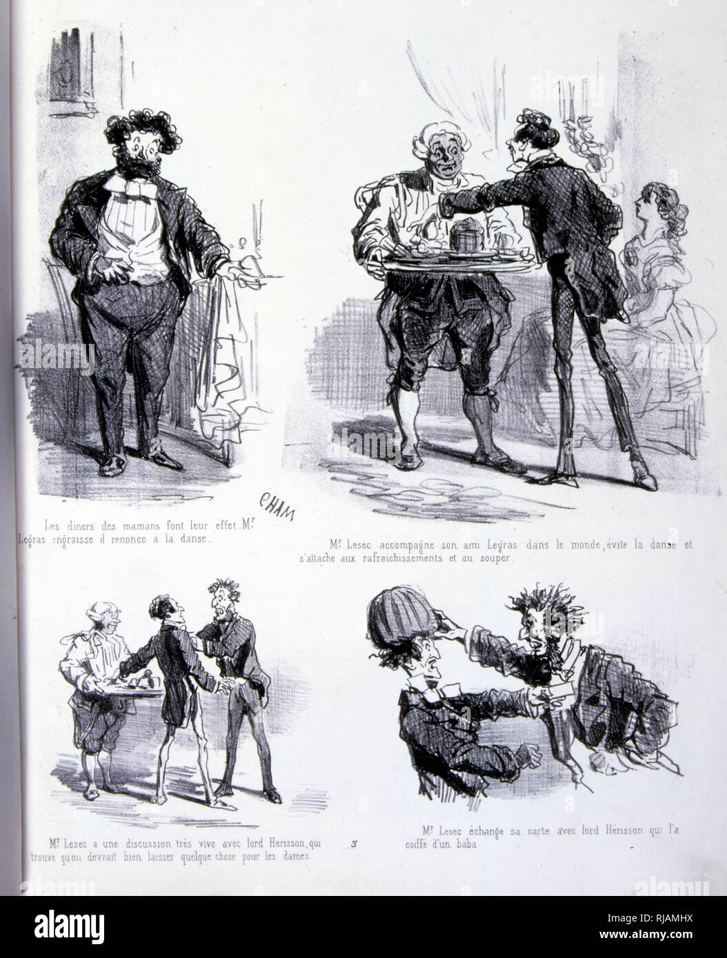Series of lithograph illustrations of daily life in 19th century France ...