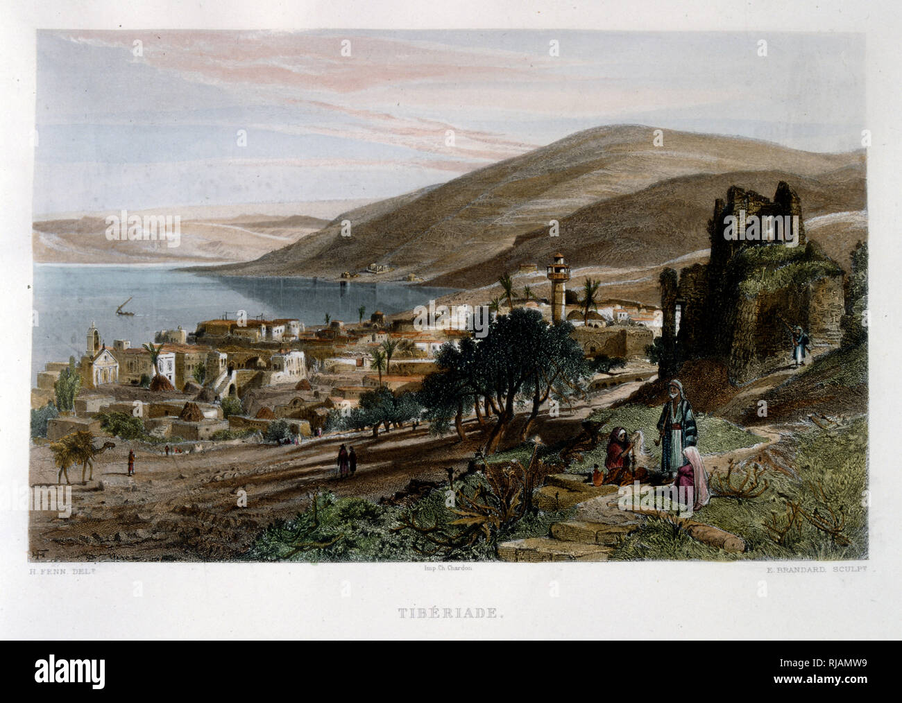 Engraved illustration of the inland sea of Galilee (Lake Tiberius) and ...