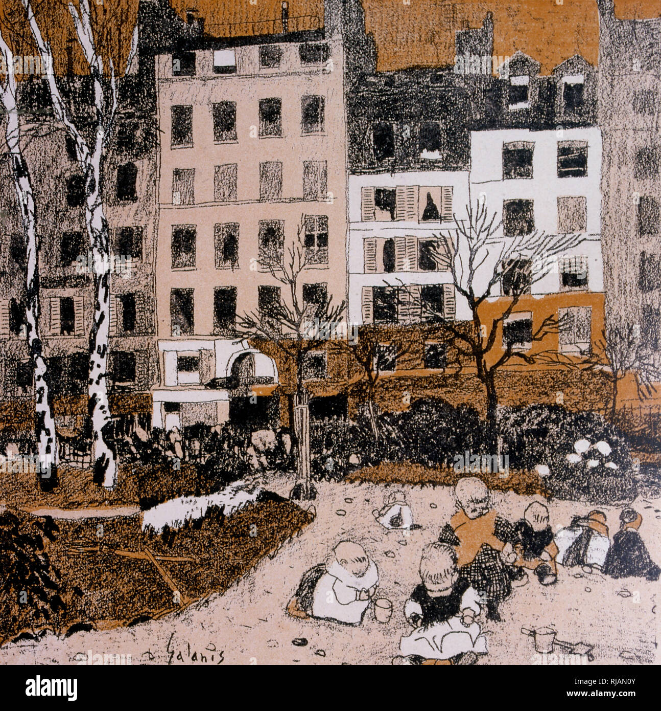 French caricature showing poor children playing in a park in a city ...