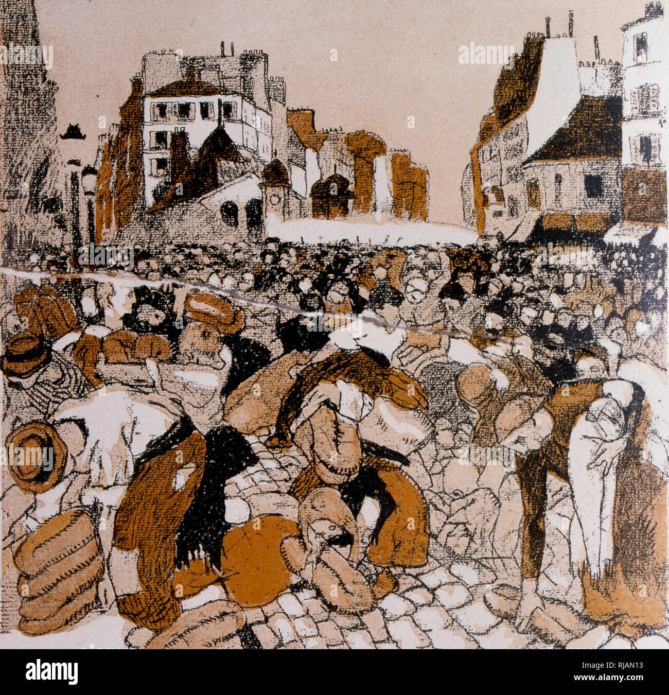 French caricature showing a crowd fighting for bread during a food riot ...