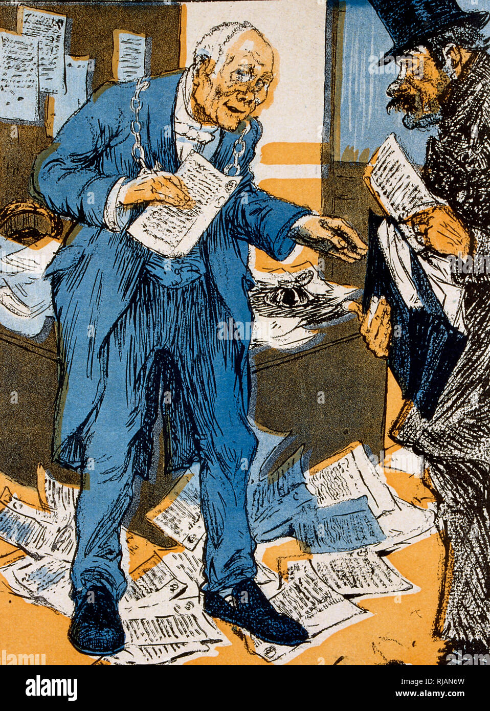 French illustration of a bank cashier speaking with a customer as he ...