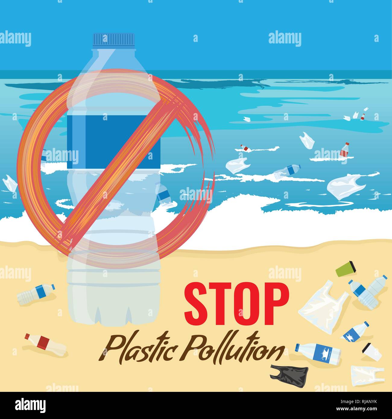 Plastic bottle mockup with no sign. Pollution of ocean, sea or beach ...