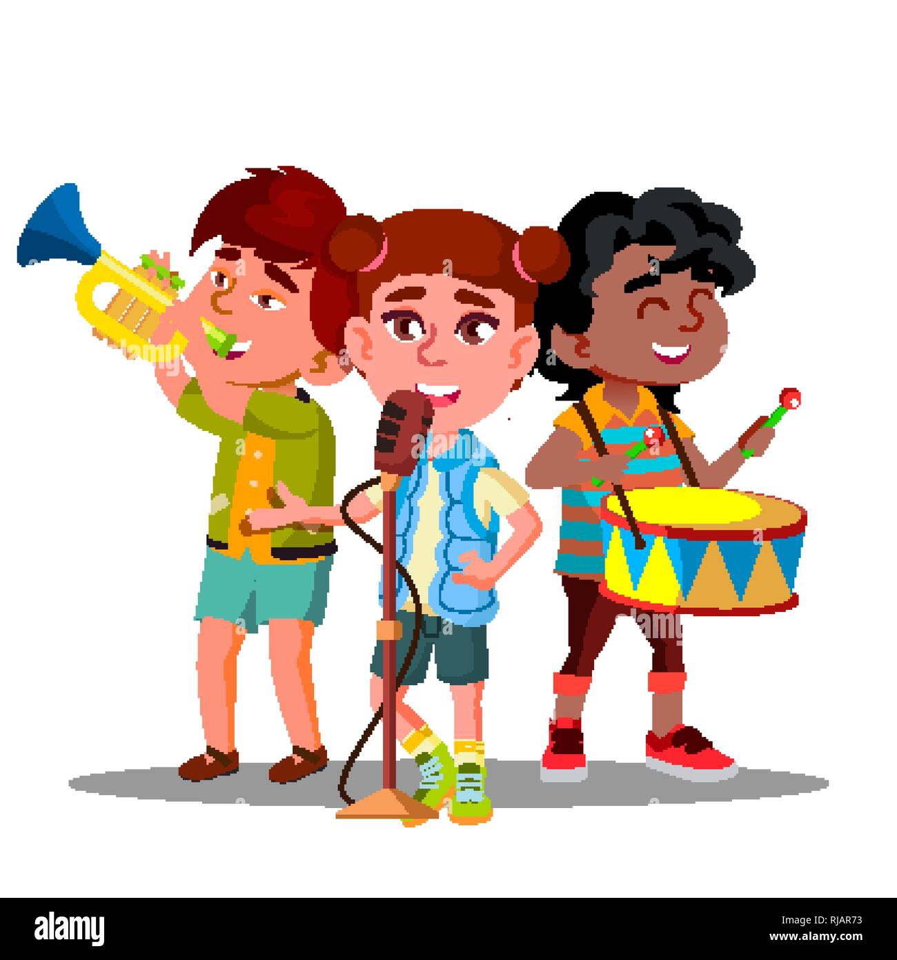 Children Ensemble. Children Play Musical Instruments And Sing Vector ...