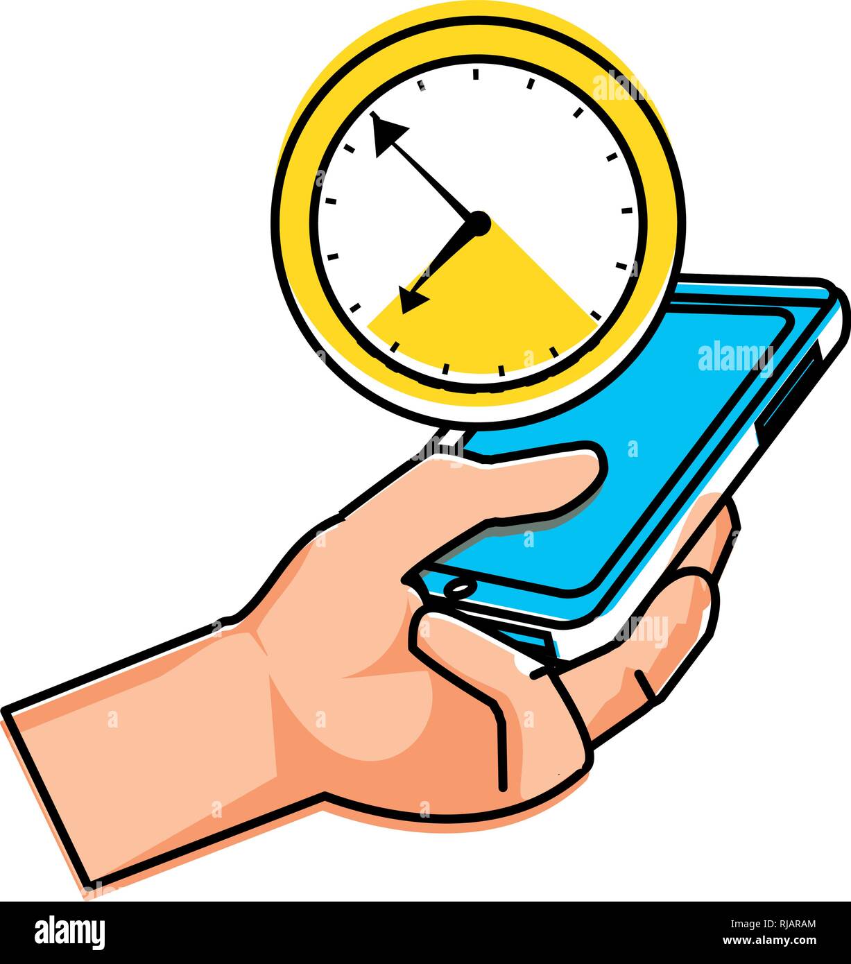 hand using smartphone with time clock vector illustration design Stock ...