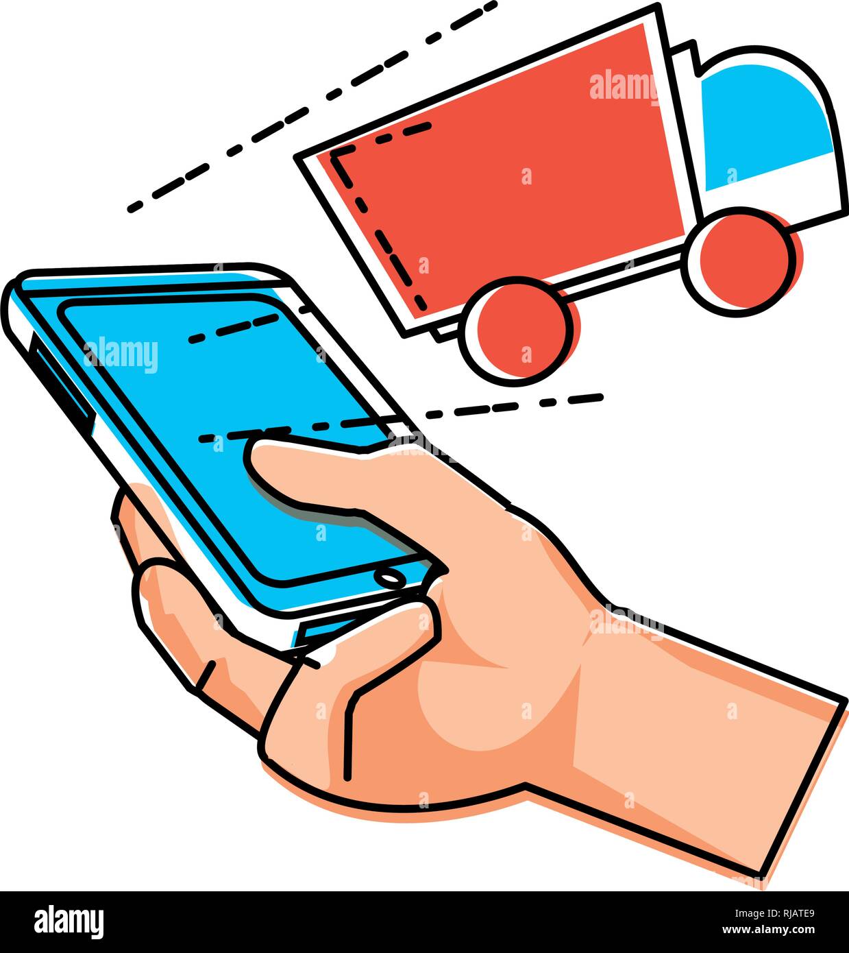 hand using smartphone with delivery truck vector illustration design ...