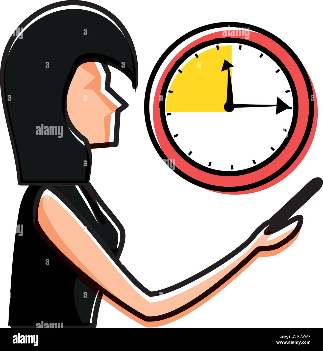 woman using smartphone with time clock vector illustration design Stock ...