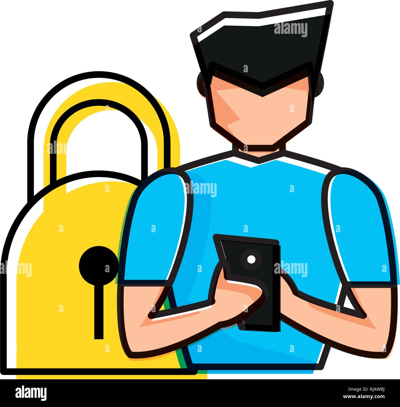 young man using smartphone with padlock vector illustration design ...