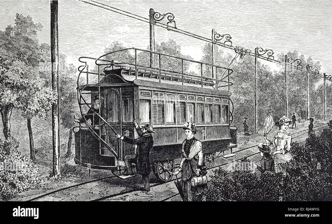 An engraving depicting an electric tramway by Siemens at the Paris ...