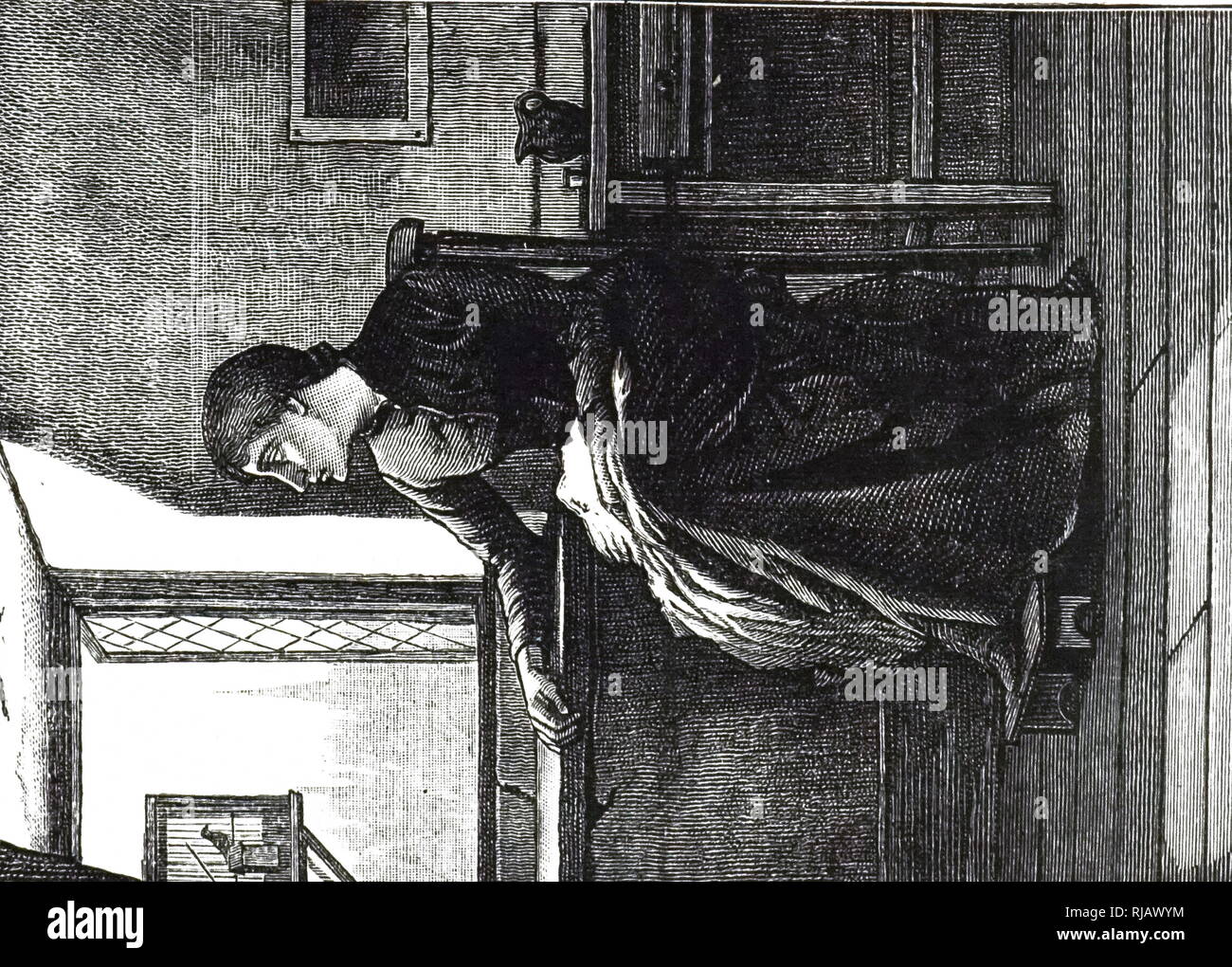 An engraving depicting a seamstress looking at her garret window onto ...